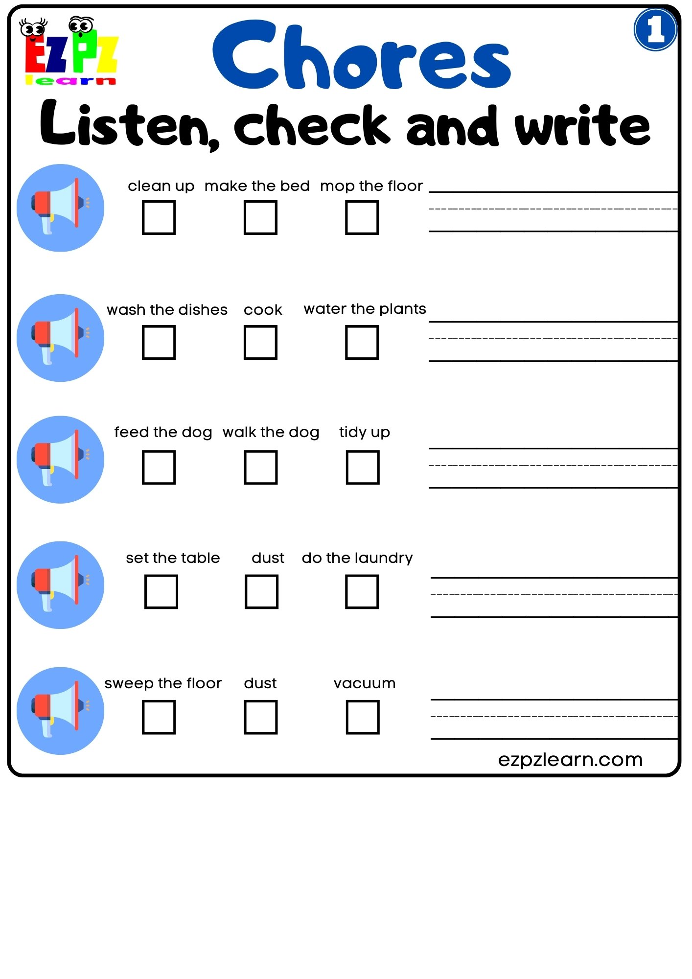 Chores Interactive Worksheet Listen, Check and Write the Words Activity ...